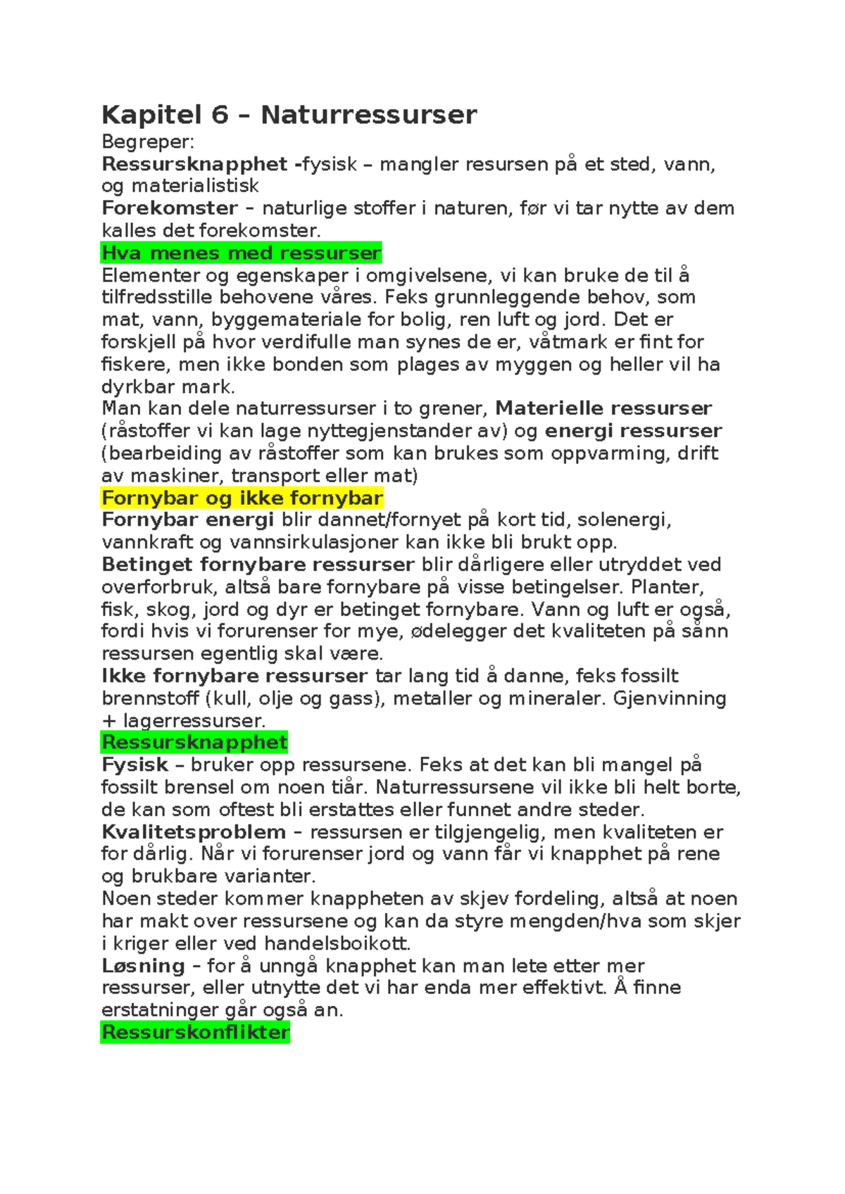 Kapittel 6 - Naturressurser og Bærekraftig Ressursbruk (GEOG101) - Studocu