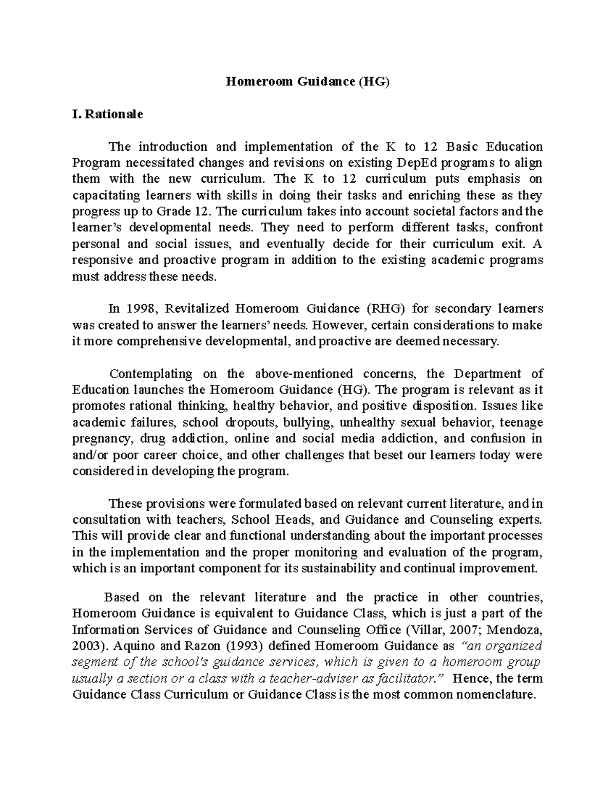 Homeroom Guidance Rationale for K to 12 Program Implementation - Studocu