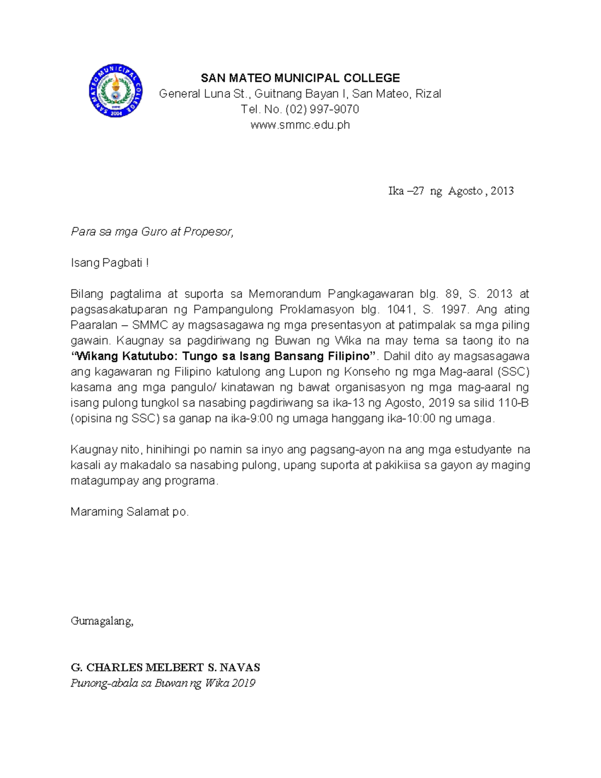 Excuse Letter for Participation in Buwan ng Wika 2019 Activities - Studocu