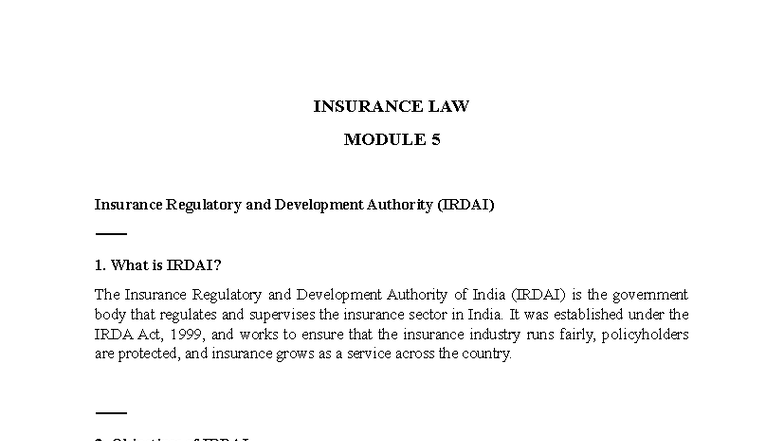 Insurance Law M5: Overview of IRDAI and Its Functions - Studocu