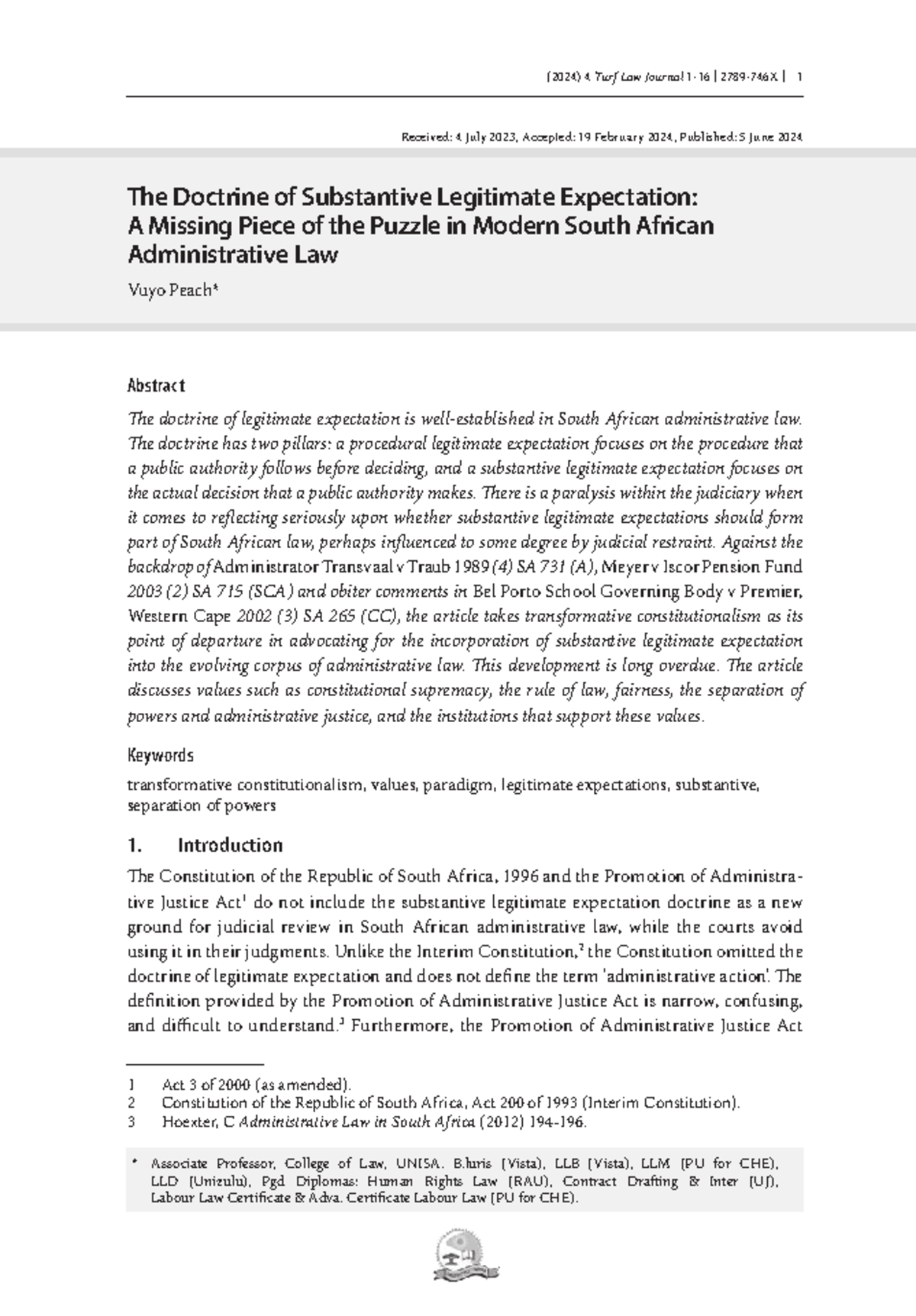 (2024) 4 Turf Law Journal: The Role of Substantive Legitimate ...