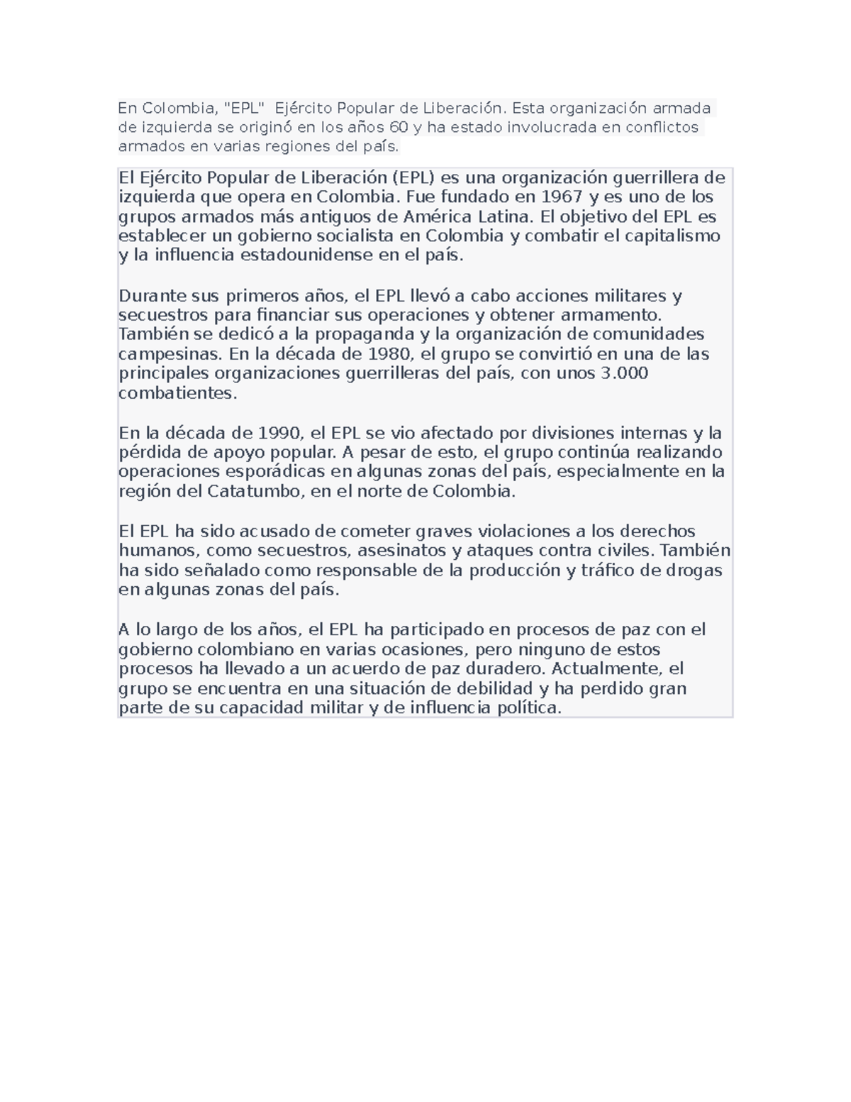 Actividad Evaluativa - En Colombia, "EPL" Ejército Popular de ...