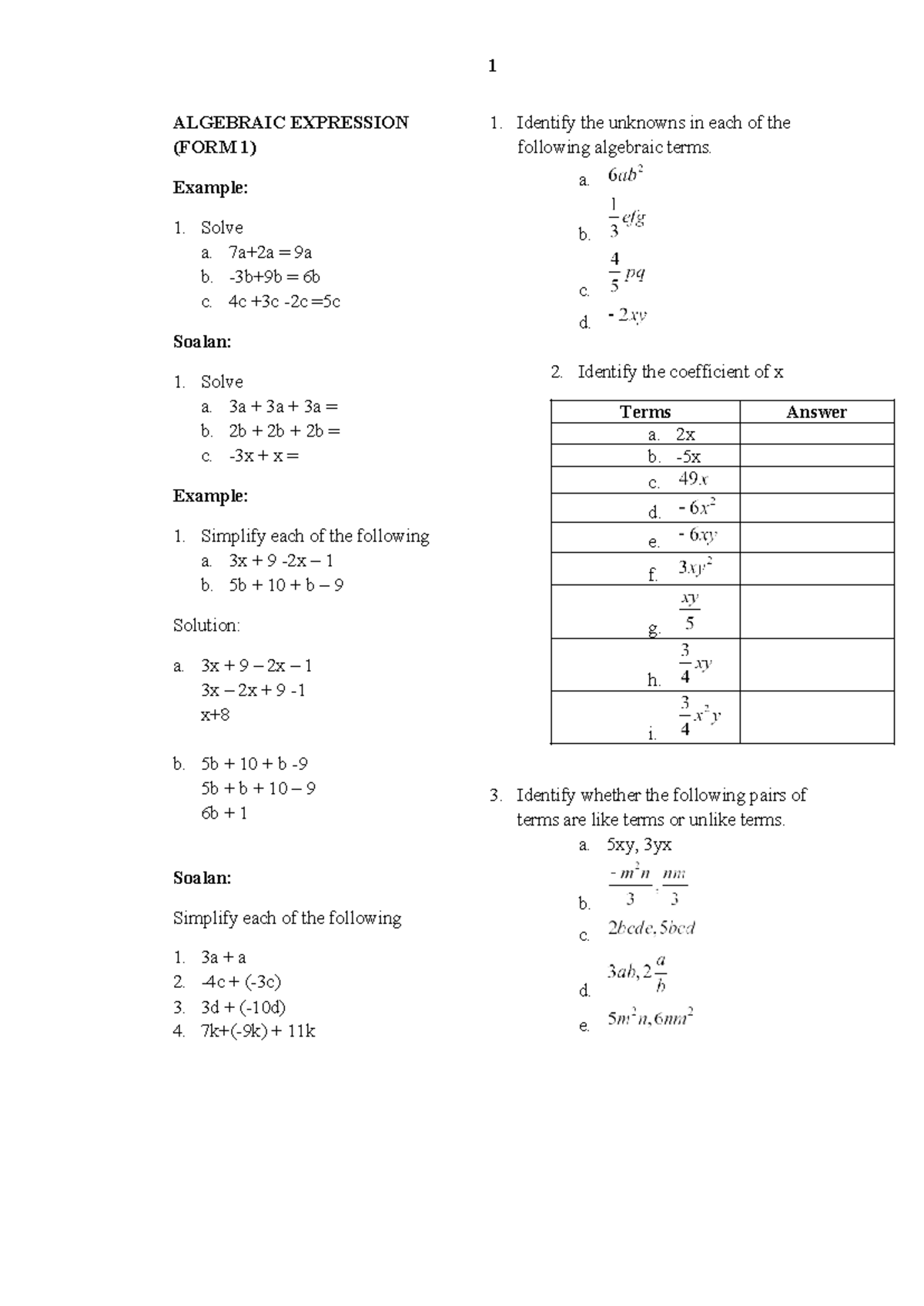 Algebraic Expression Practice Questions & Examples (FORM 1) - Studocu