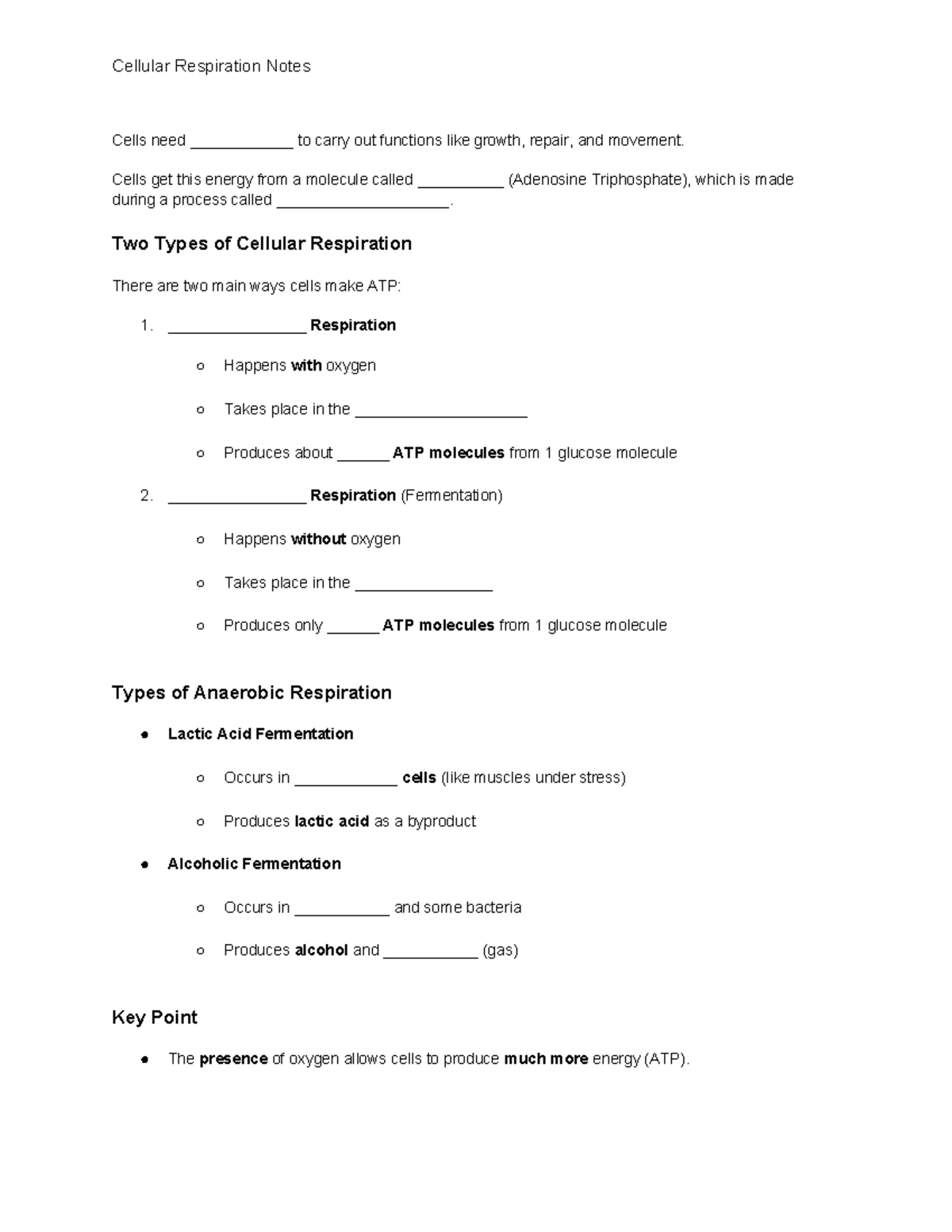 Cloze Notes: Oxygen and Cellular Energy (29) - Cellular Respiration ...