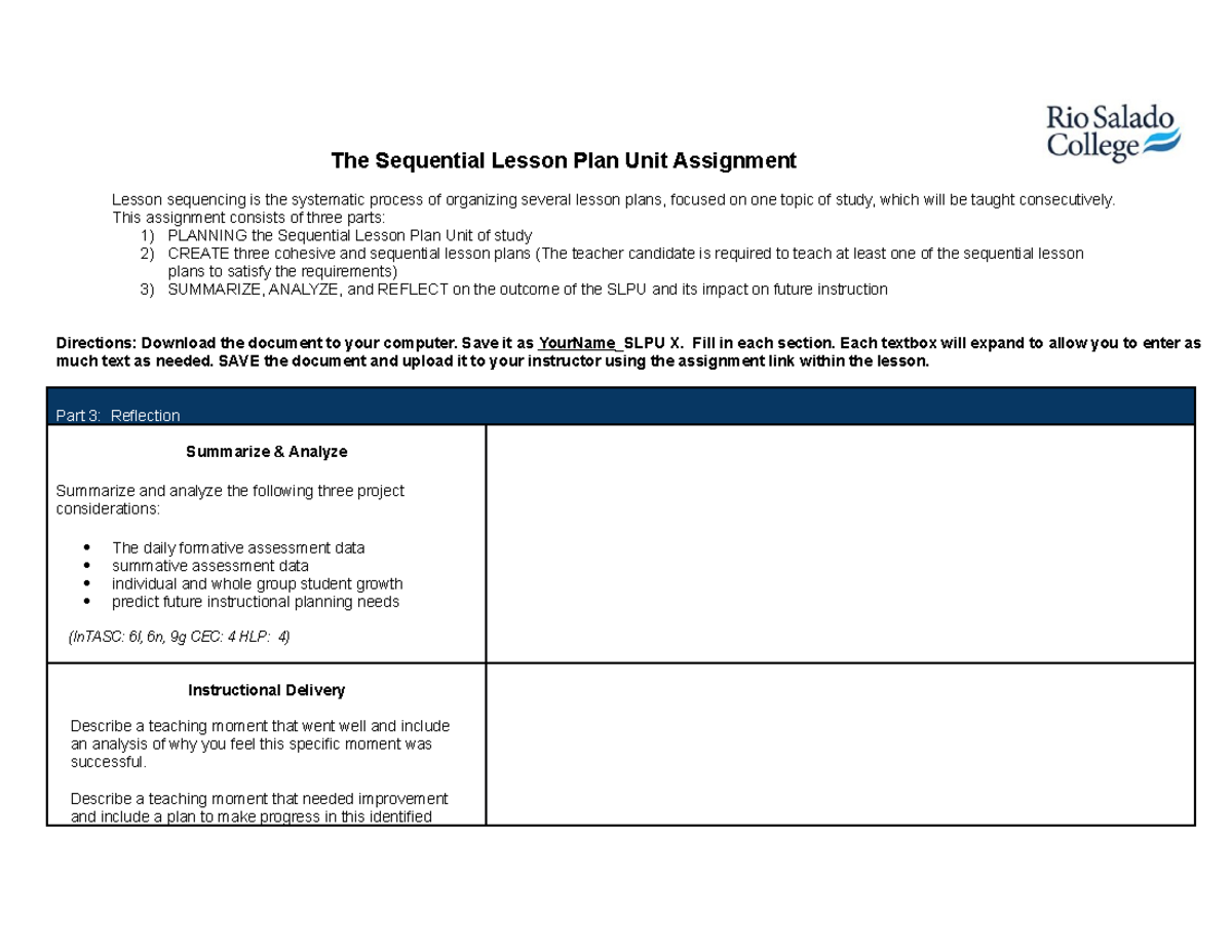 Part03 SLPU Reflection Template - The Sequential Lesson Plan Unit ...