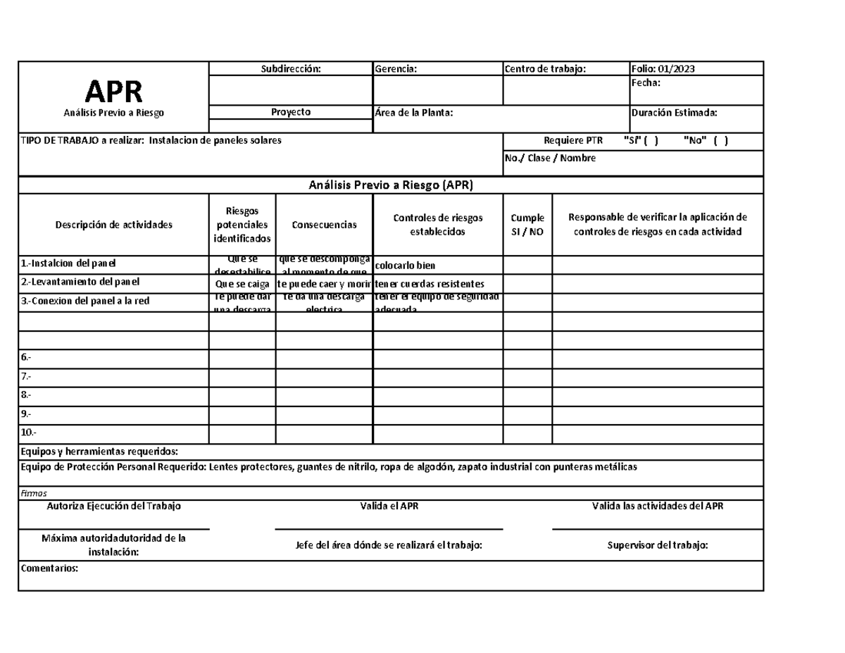 Formatos APR-EC0680 2025: Análisis Previo a Riesgo y Controles - Studocu