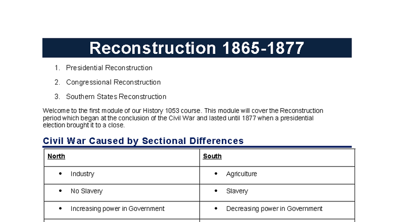 Reconstruction Era Analysis: Presidential vs Congressional Plans (HIST ...