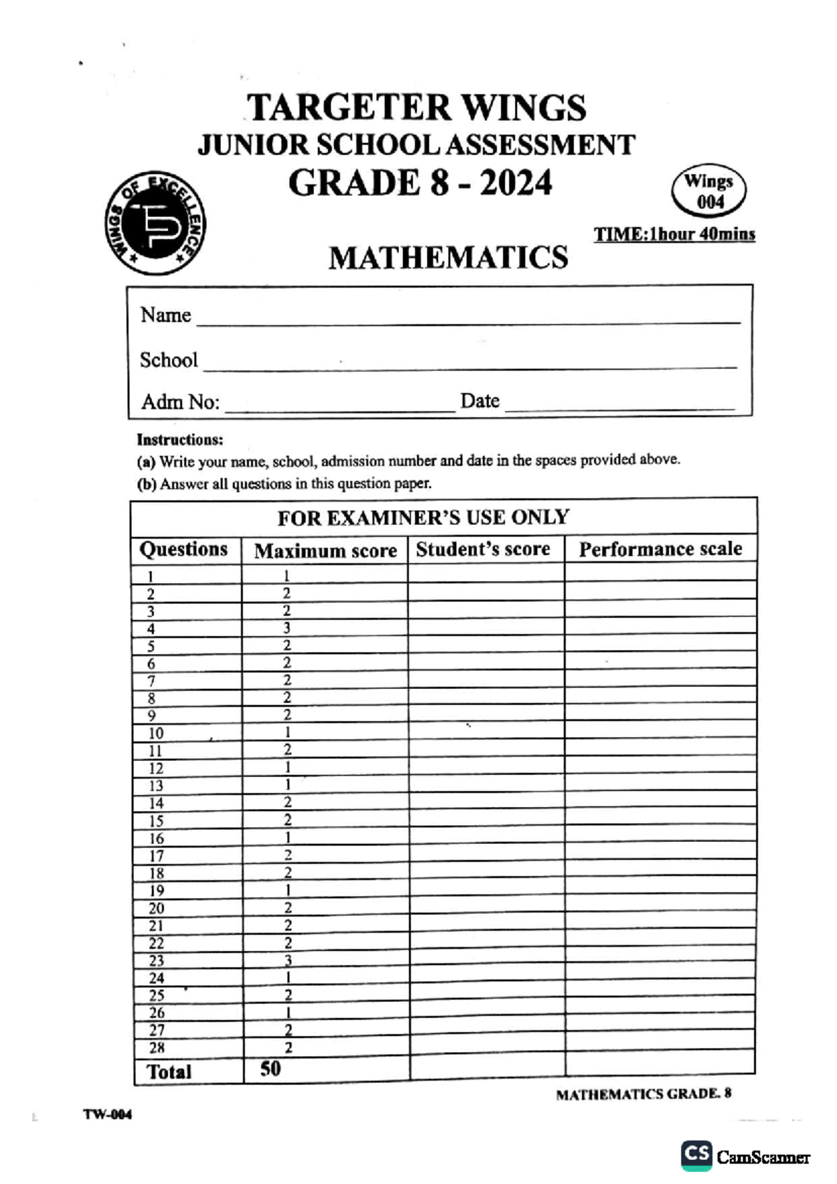G8 Mathematics Assessment 2024 - Targeter Wings Junior School - Studocu