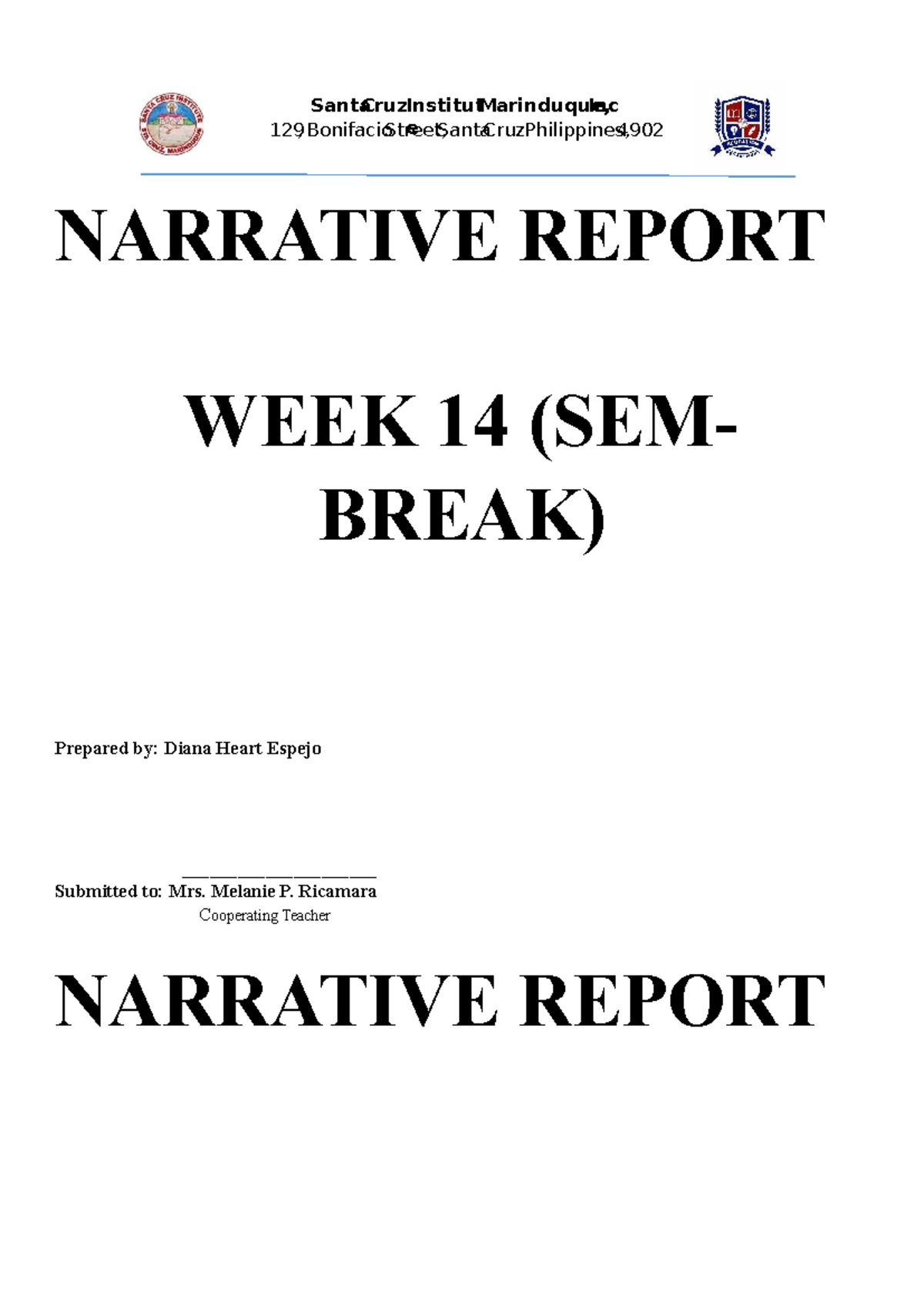 Narrative Report for English 10 Final Exam by Diana Heart Espejo - Studocu