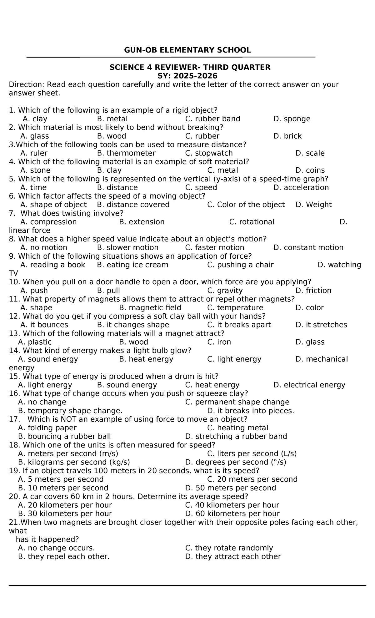 ELEMENTARY SCHOOL SCIENCE 4 3RD QUARTER REVIEWER: NOTES & QUESTIONS ...
