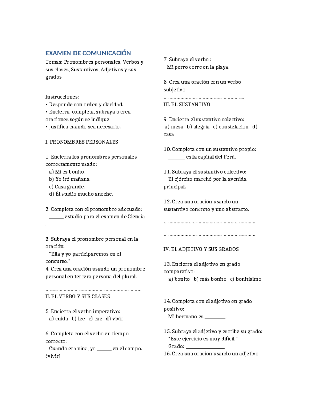 EXAMEN DE COMUNICACIÓN: Pronombres, Verbos, Sustantivos y Adjetivos ...