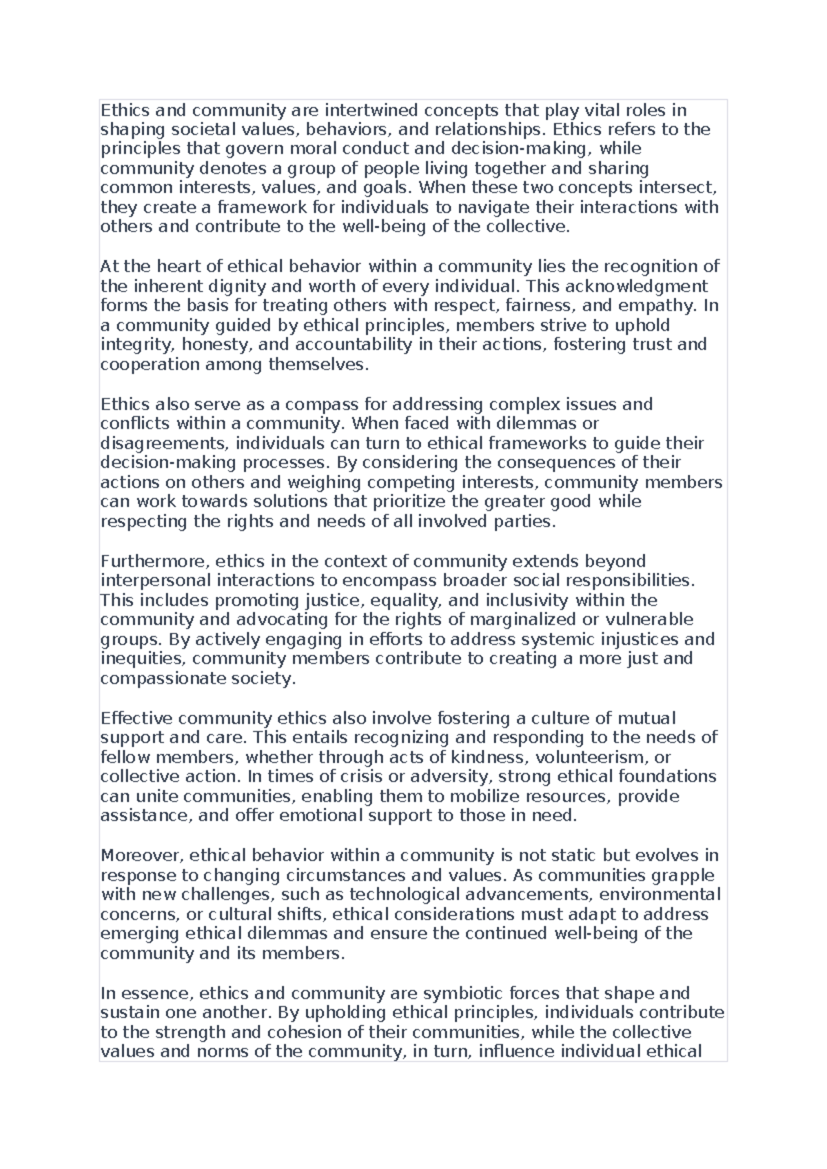 105 - Assignment: Ethics and Community in Shaping Values and Behaviors ...