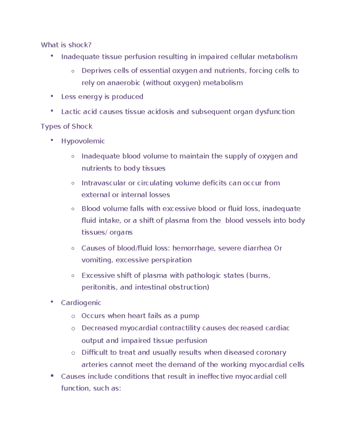 Shock Study Guide - What is shock? Inadequate tissue perfusion ...