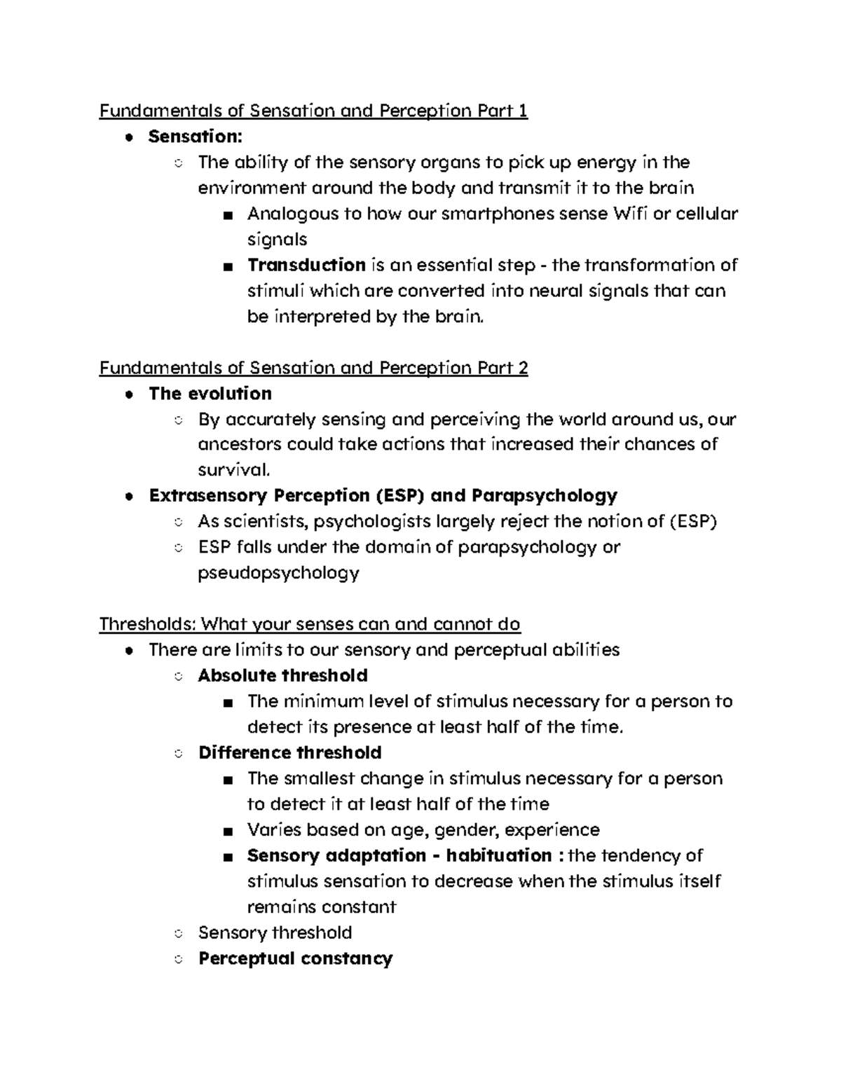 PSYC 101 - Chapter 3: Sensation and Perception Fundamentals - Studocu