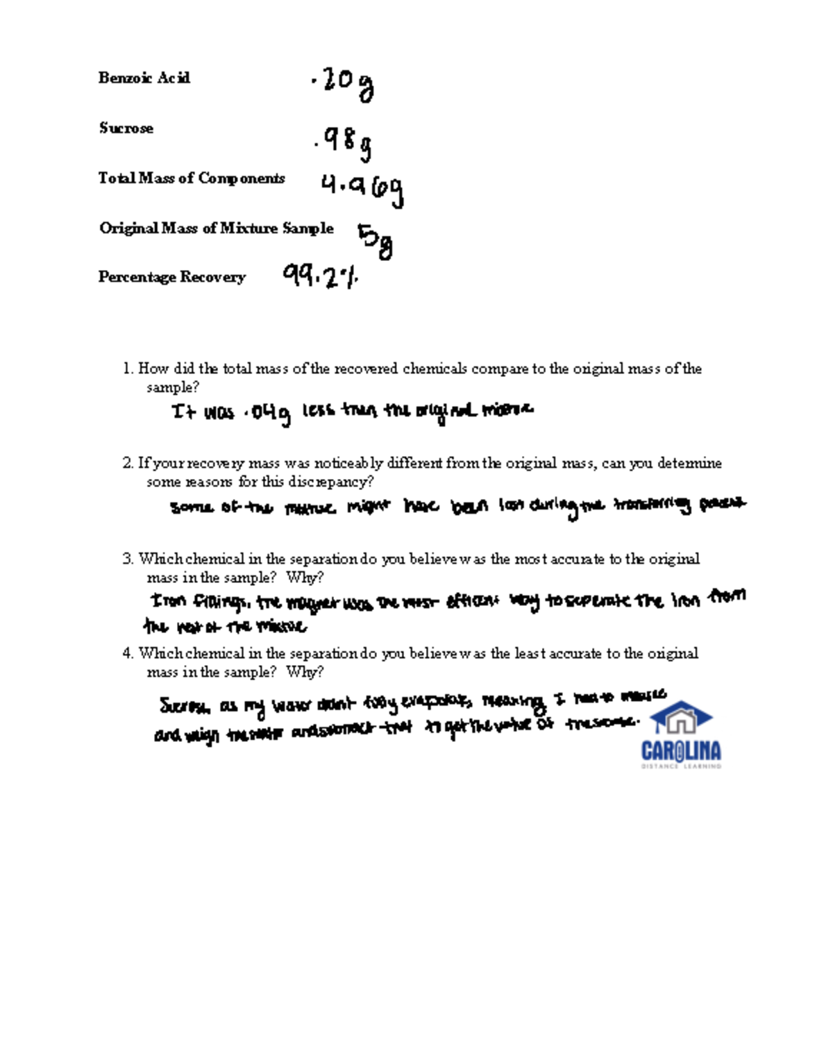 LAB#5 Mixture Separation Data Analysis and Recovery Evaluation - Studocu