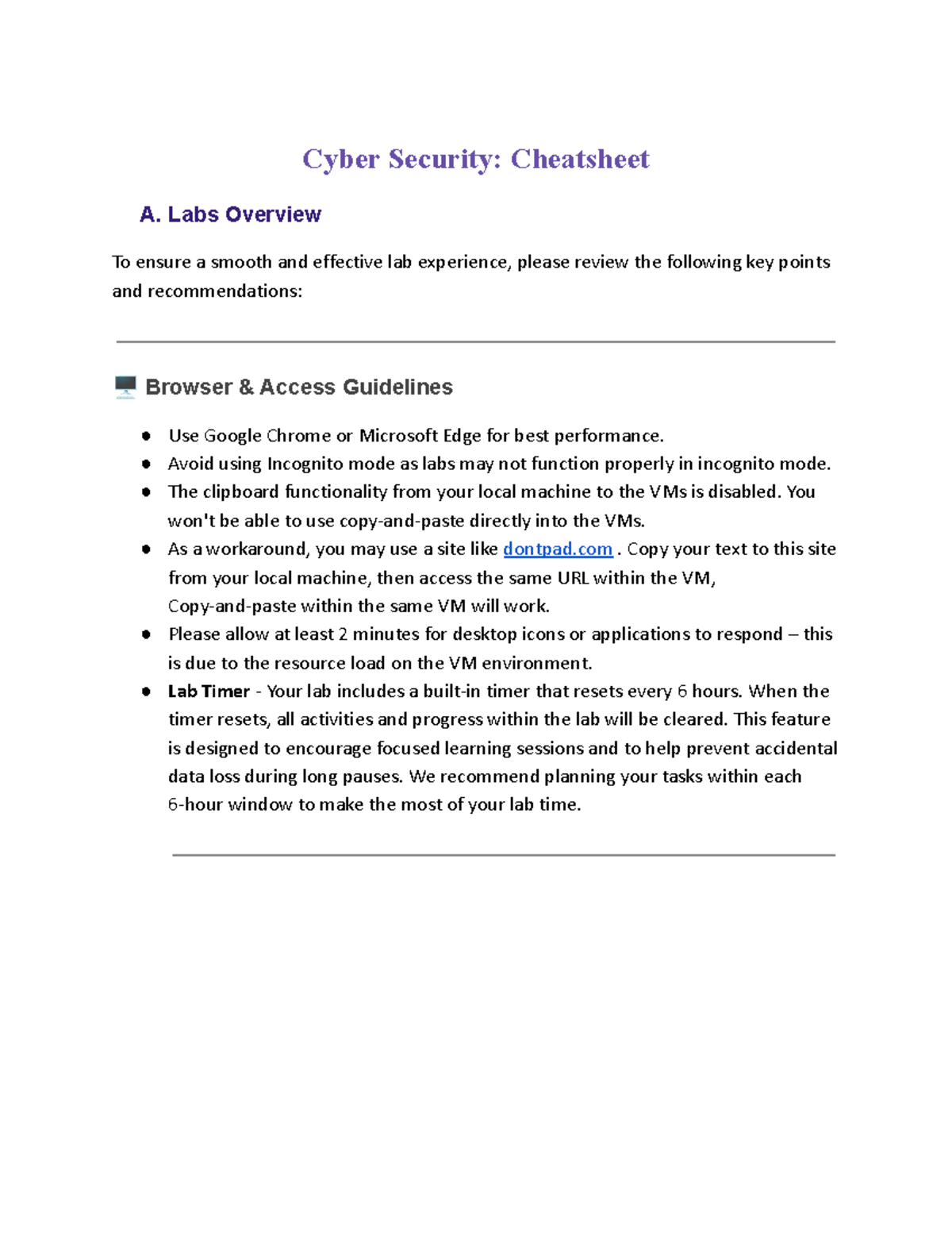 Cyber Security: Lab Experience Cheatsheet Overview - Studocu