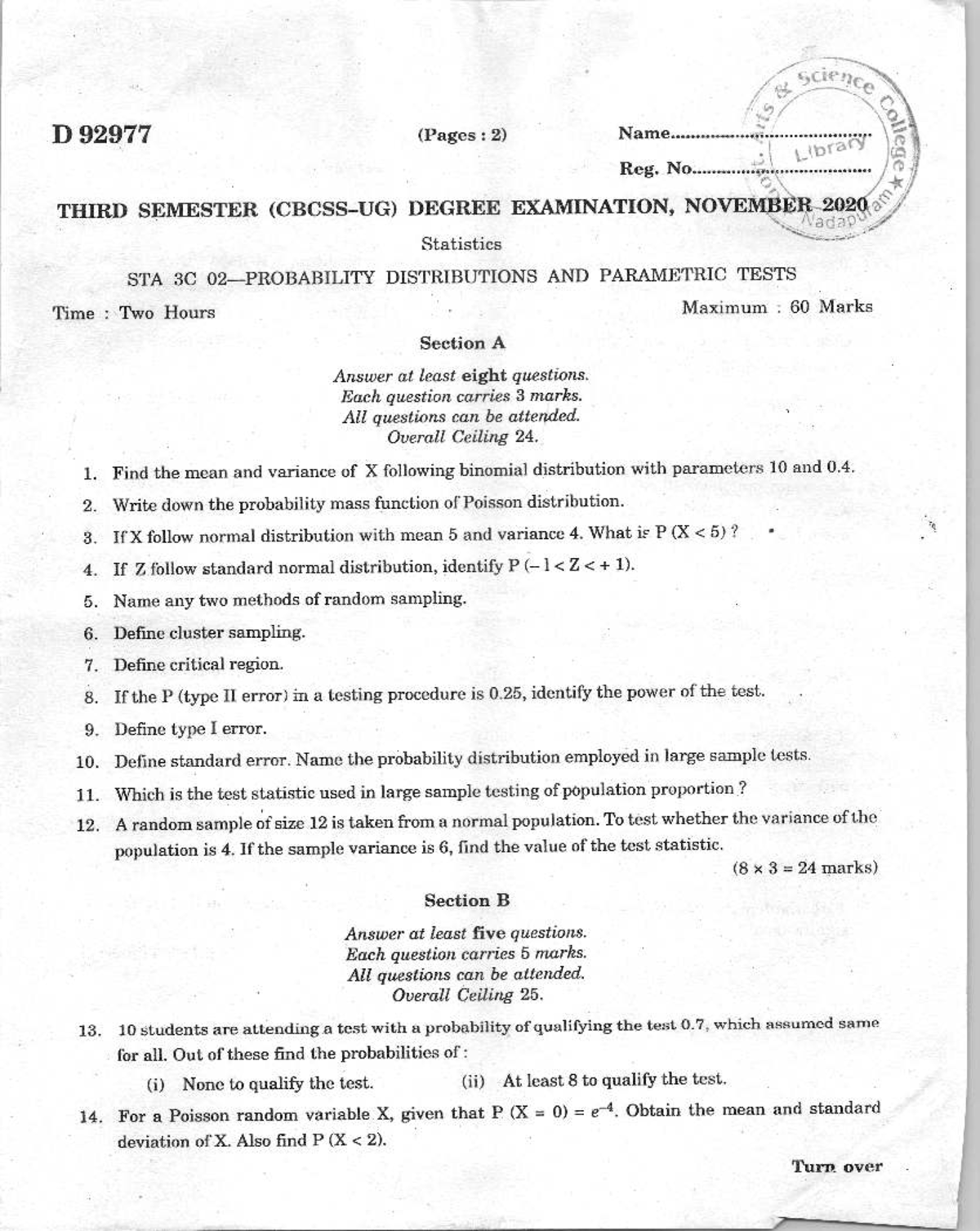 STA 3C 02 - THIRD SEMESTER DEGREE EXAMINATION IN STATISTICS - Studocu