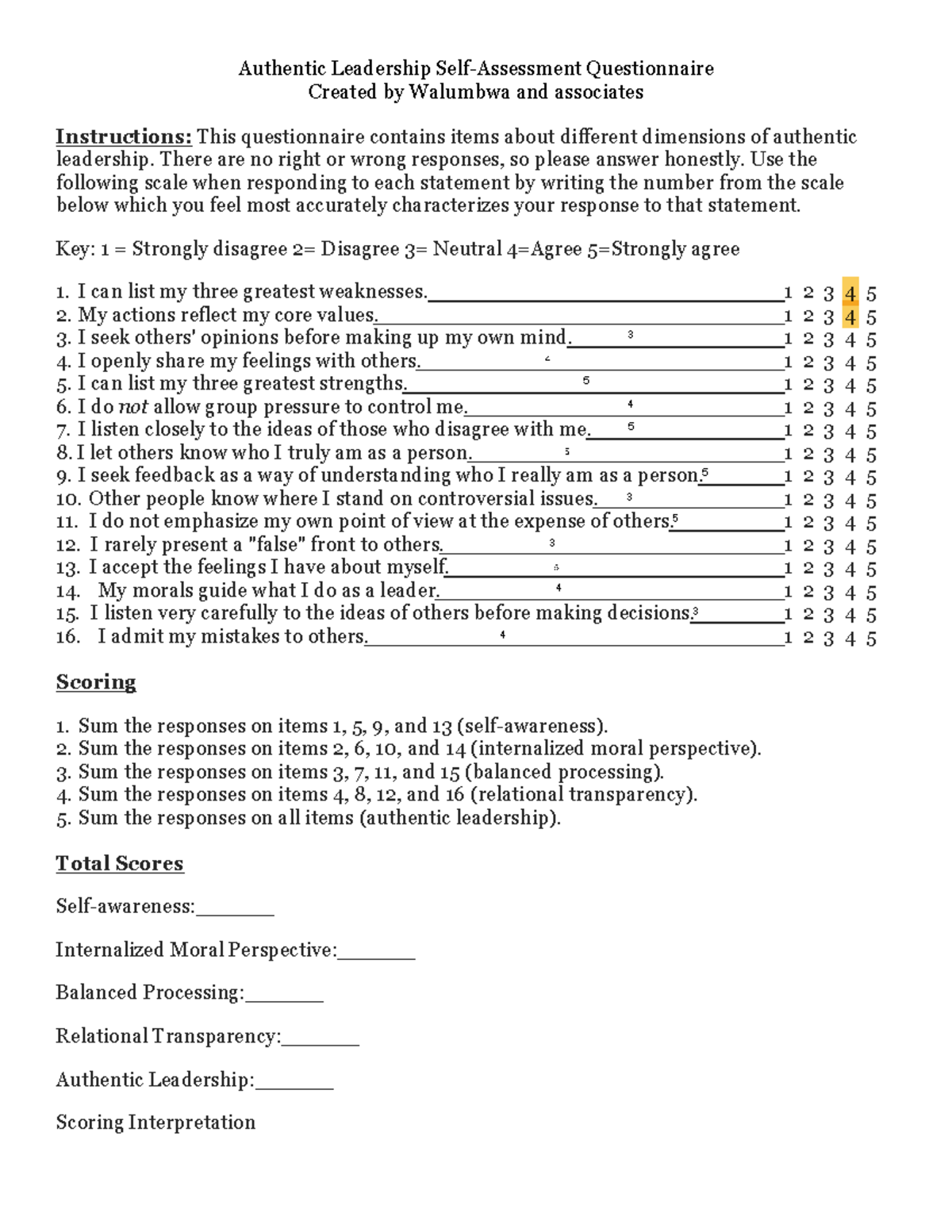 Authentic Leadership Self-Assessment Questionnaire (ALQ) Guide - Studocu