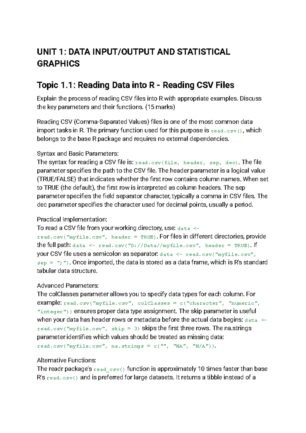 NIT 1: DATA AND U 1.1: Reading CSV and Excel Files in R - Studocu