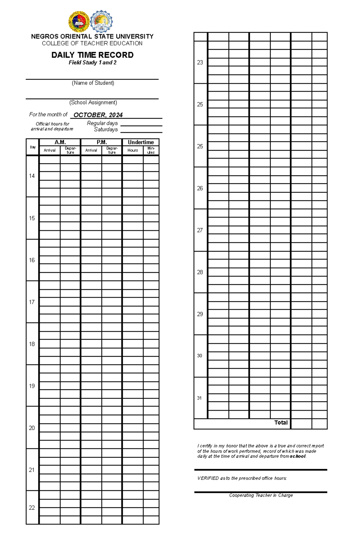 Daily Time Record for Field Study 1 & 2 - October to December 2024 ...