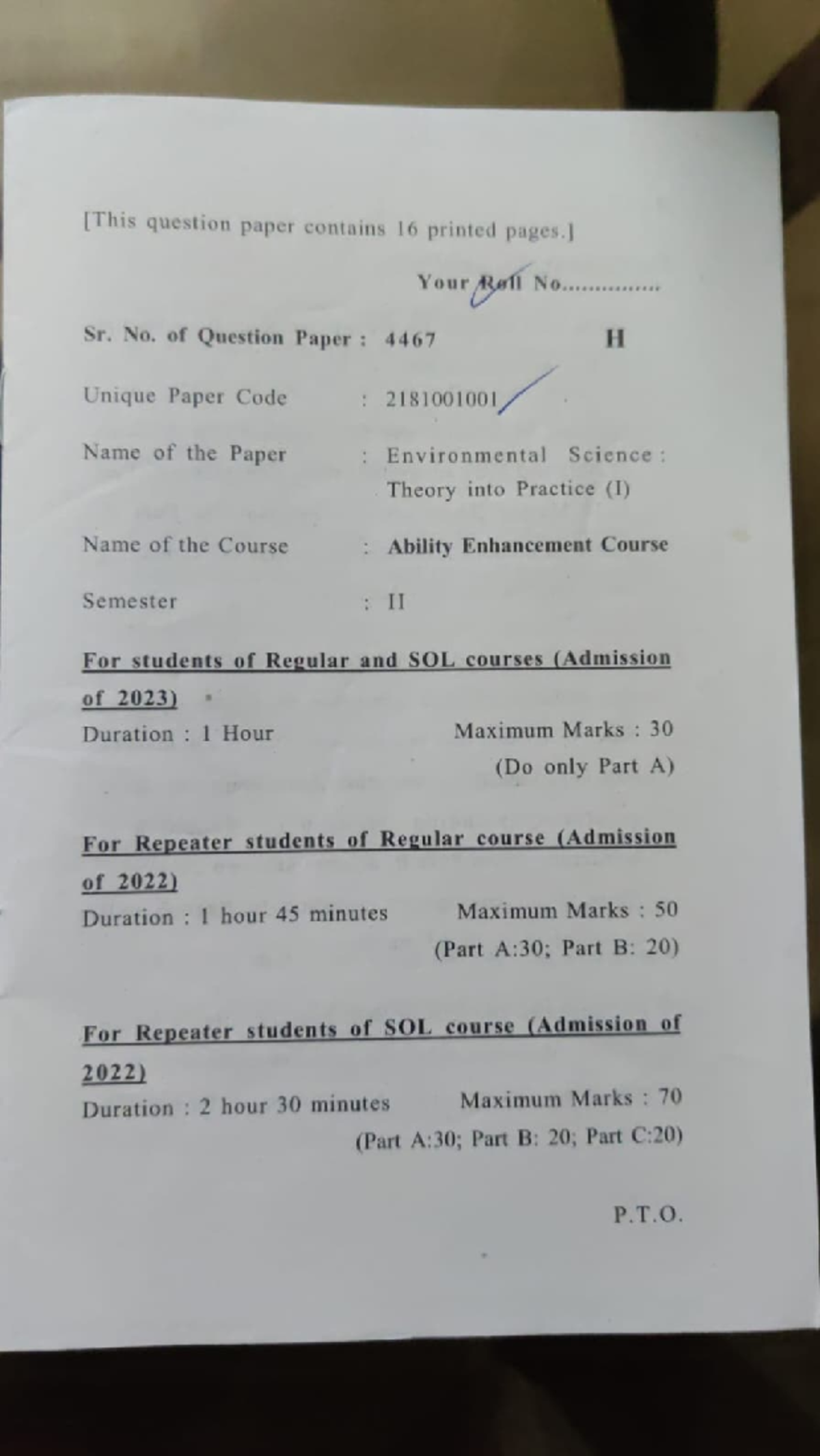 Evs Pyq 2025 DU Sem 2 - Environmental Science Theory Exam Questions - Studocu