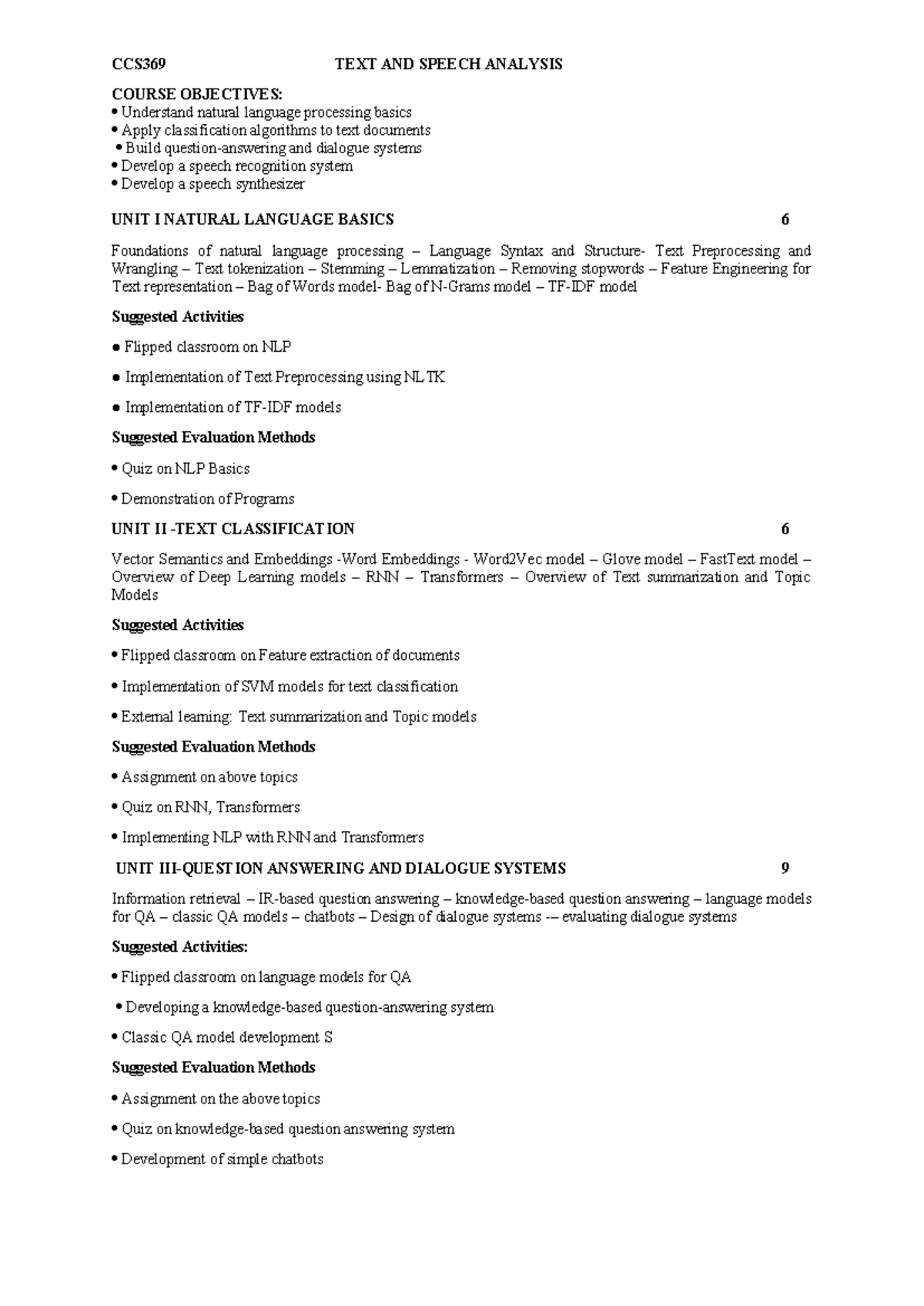 CCS369 Text and Speech Analysis Syllabus Overview - Studocu