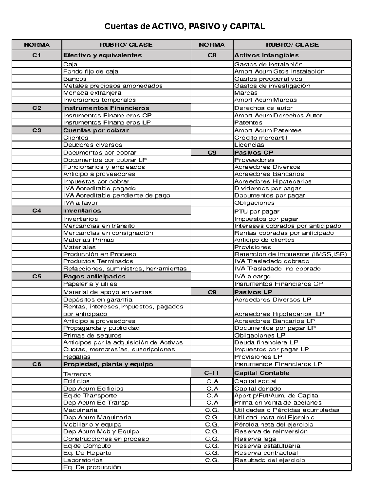 Activo, Pasivo y Capital - Cuentas de ACTIVO, PASIVO y CAPITAL NORMA RUBRO/ CLASE NORMA RUBRO ...