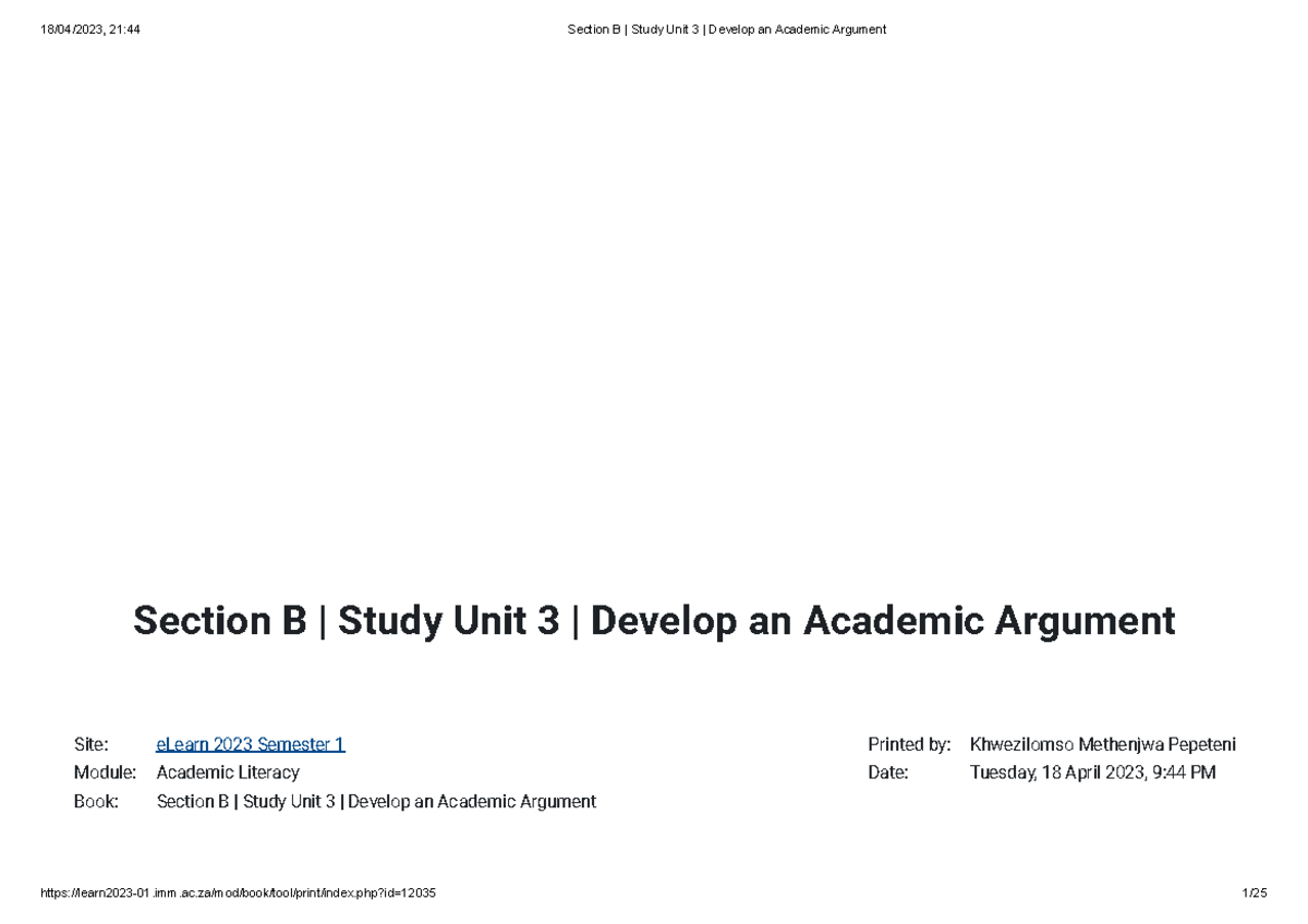Academic Literacy: Section B Study Unit 3 - Crafting Academic Arguments - Studocu