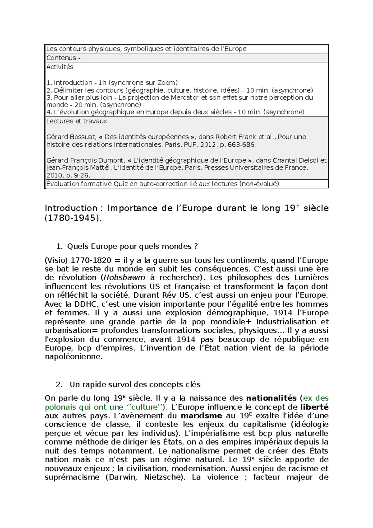 Cours L'Europe et le Monde : Contours Physiques et Symboliques du 19e ...