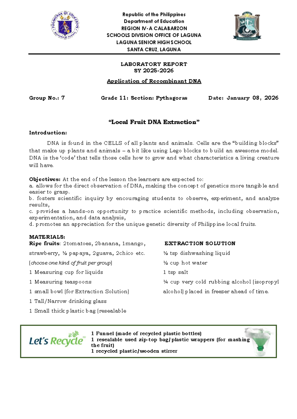 LAB Report: Local Fruit DNA Extraction (Grade 11, Group 7) - Studocu