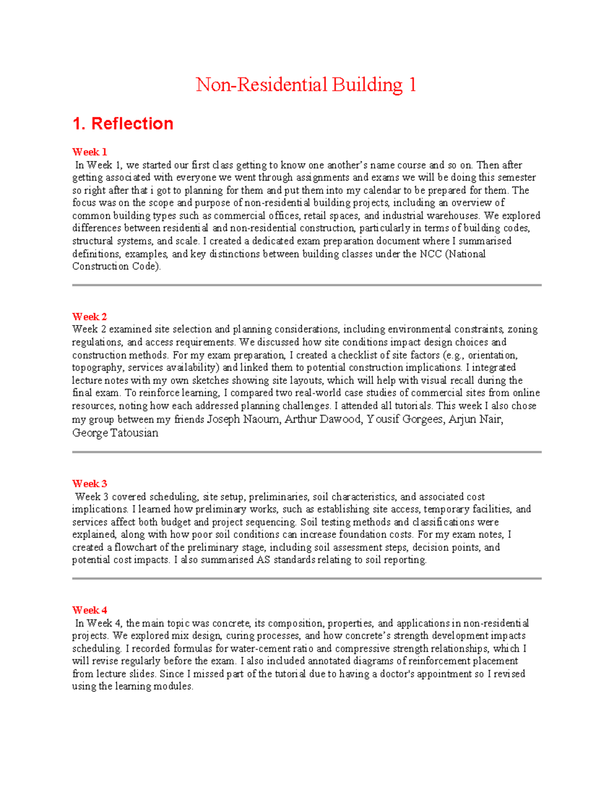 Non-Residential Building 1: Weekly Reflections and Group Project ...