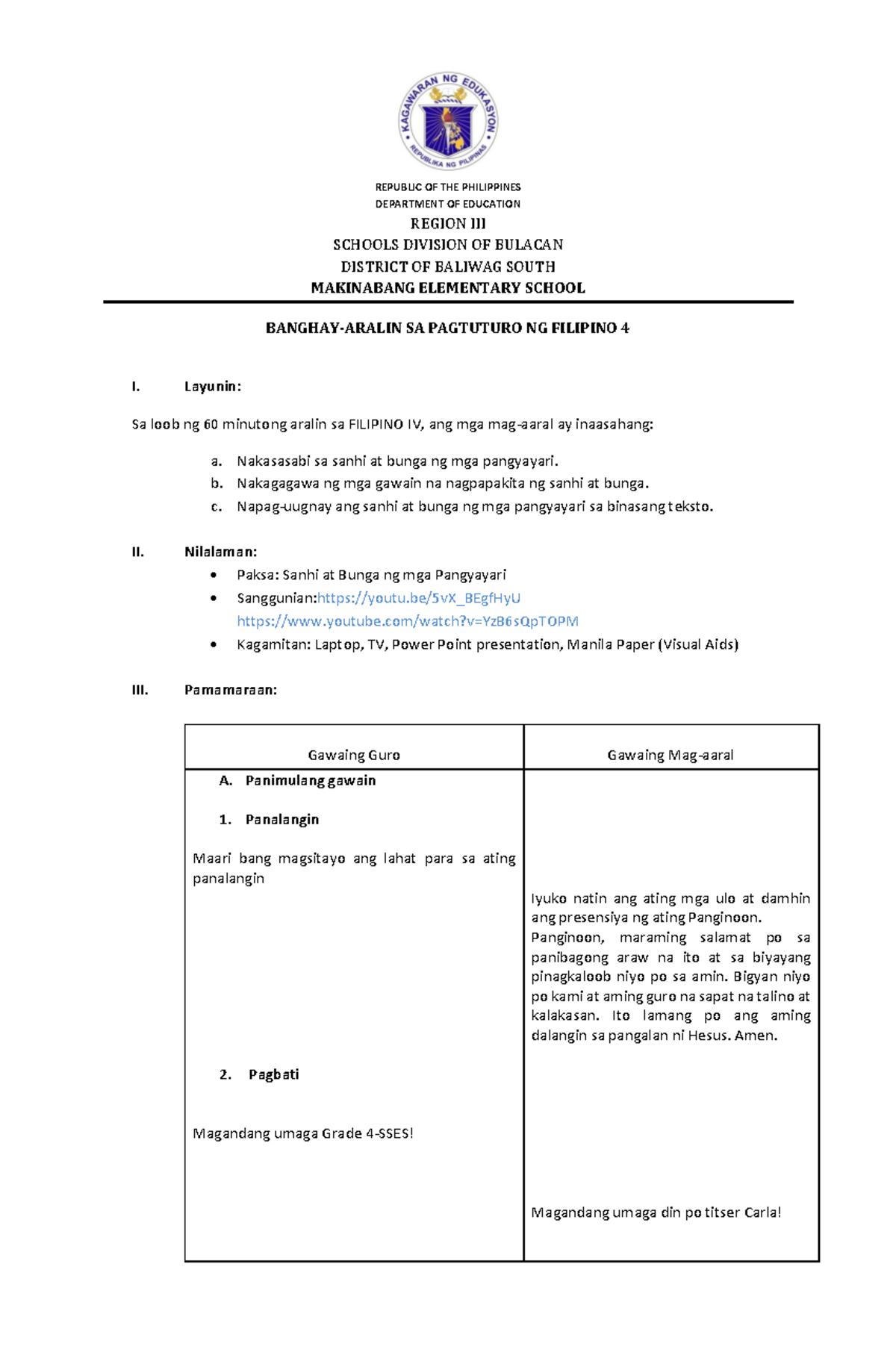 Lesson Plan: Sanhi at Bunga ng Pangyayari para sa FILIPINO 4 - Studocu