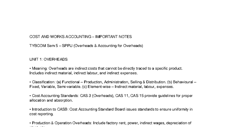 COST AND WORKS ACCOUNTING NOTES TYBCOM Sem 5: Overheads Accounting ...