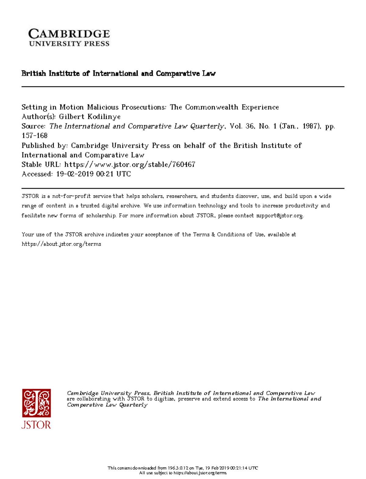 Kodilinye, G. - The Commonwealth Experience of Malicious Prosecution ...