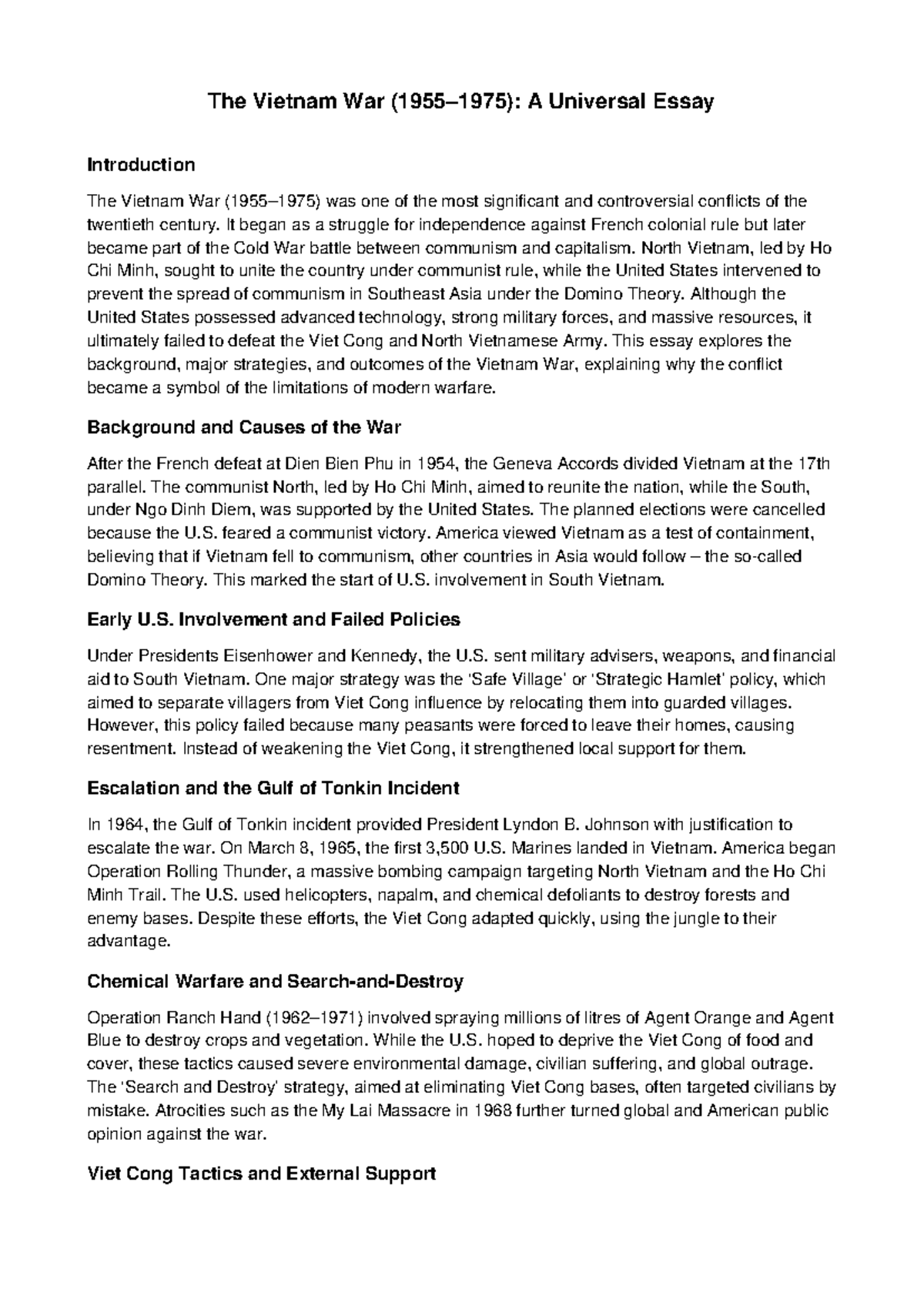 Vietnam War (HIST 101) Essay: Causes, Strategies, and Outcomes - Studocu