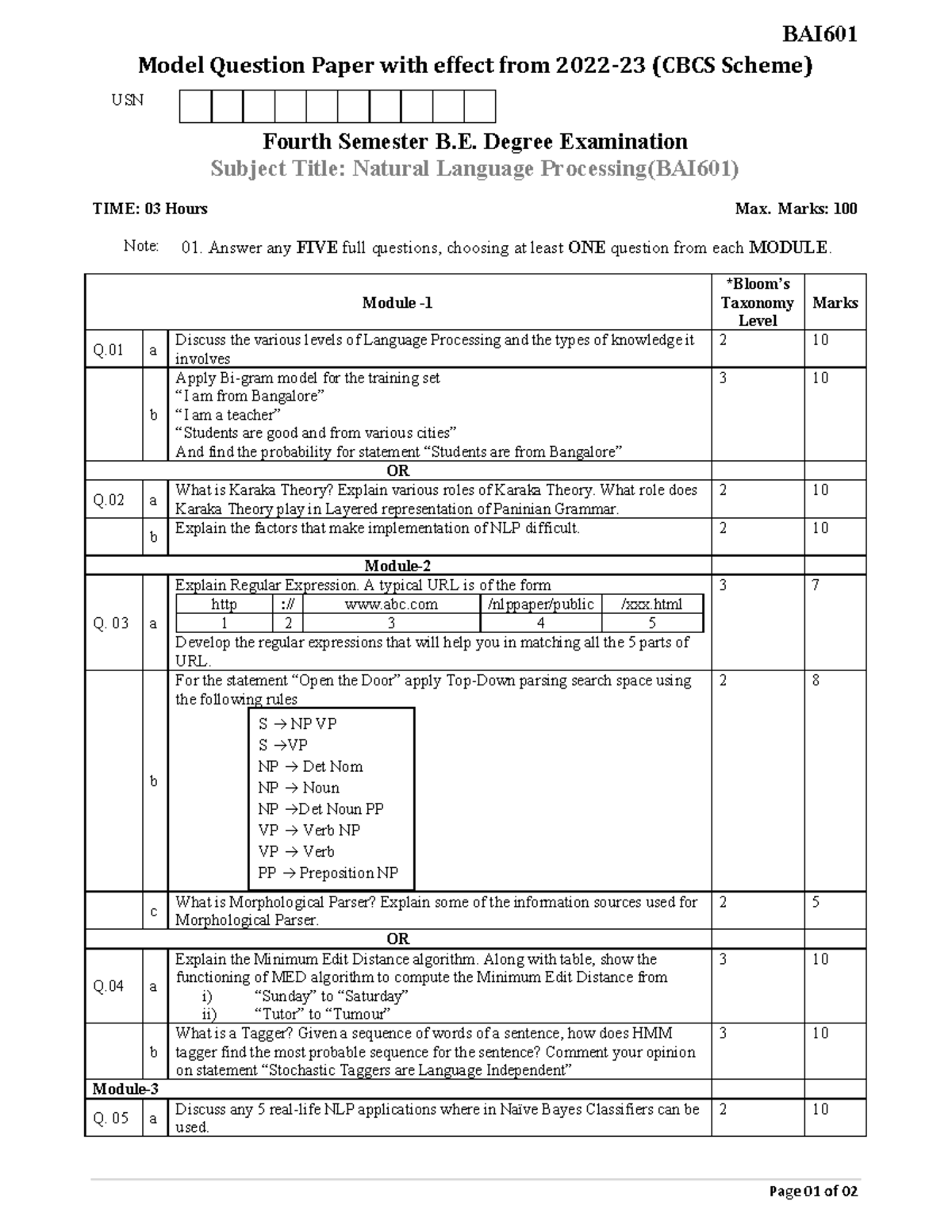 NLP Model Question Paper (BAI601) - 4th Sem B.E. Exam - Studocu