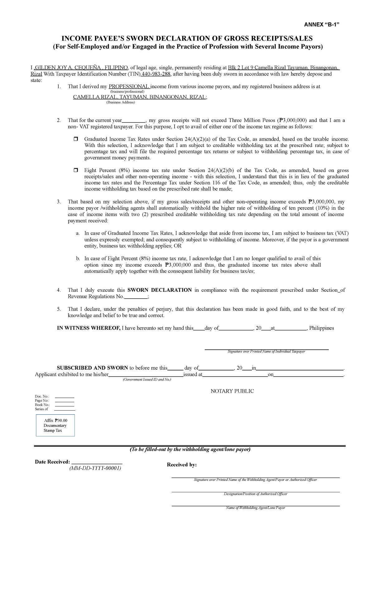 Income Payee's Sworn Declaration of Gross Receipts/Sales Form - Studocu