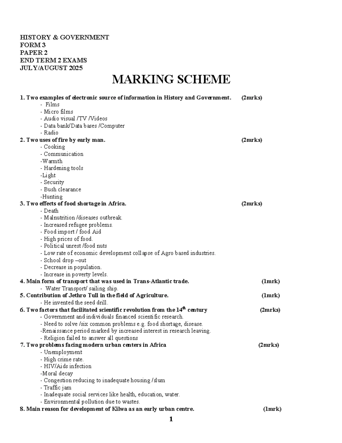 HISTORY & GOVERNMENT F3 END TERM 2 EXAMINATION PAPER 1 2025 - Studocu