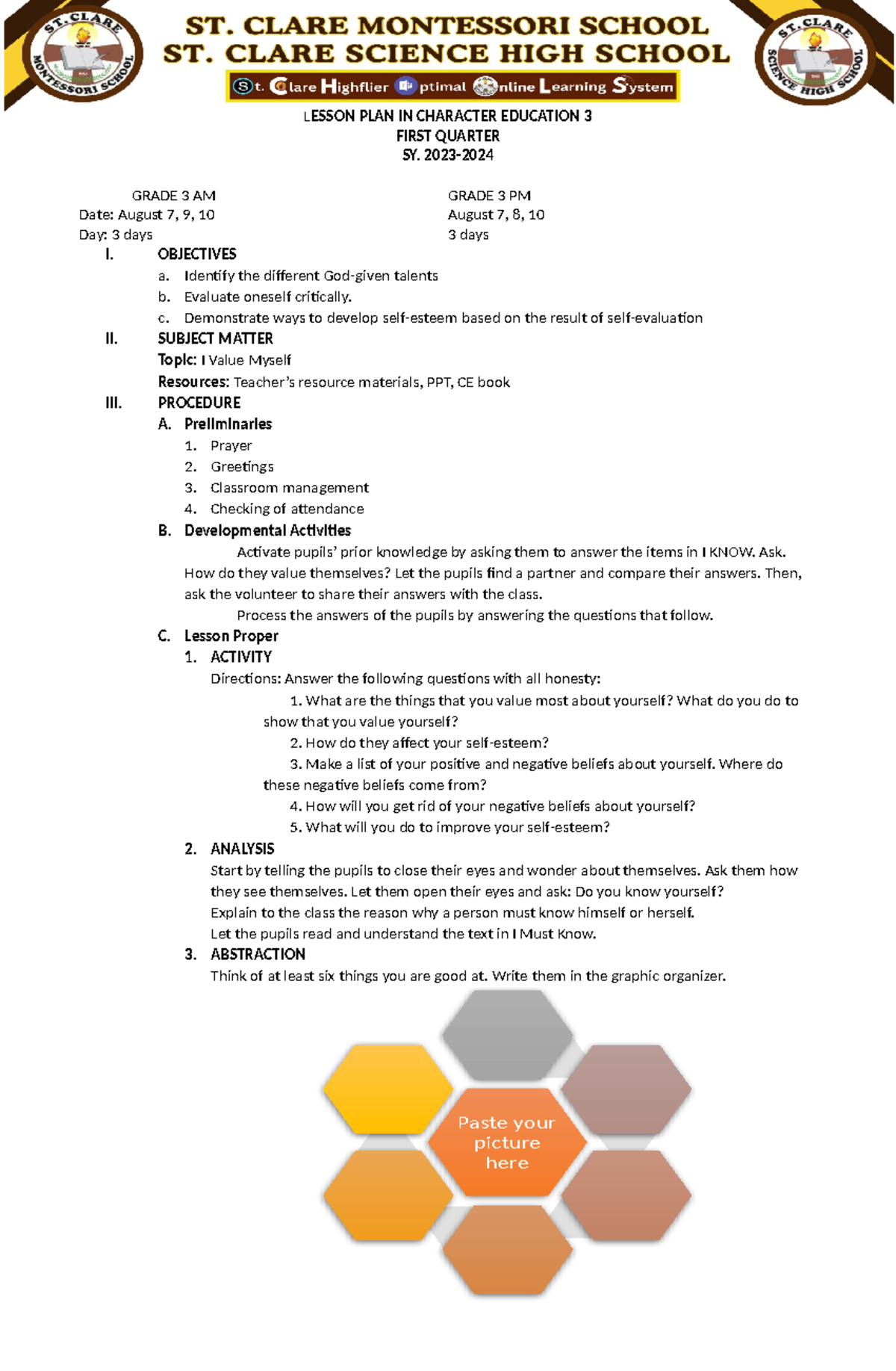 Lesson Plan for CE 3 - Character Education 3: Self-Esteem & Fortitude ...