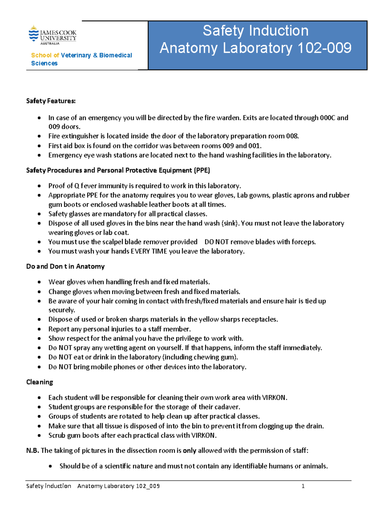 Safety Induction for Anatomy Lab 102-009: Essential Safety Features ...