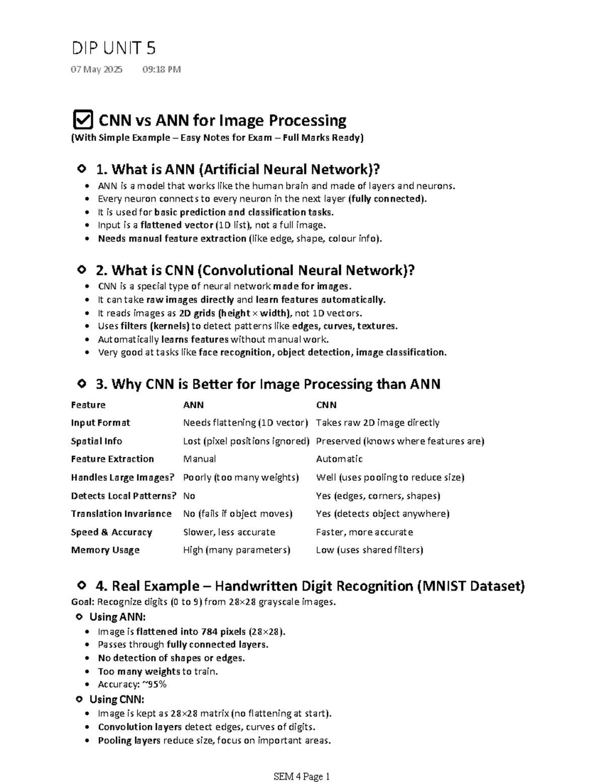 AI UNIT 5 - CNN vs ANN for Image Processing Exam Notes - Studocu