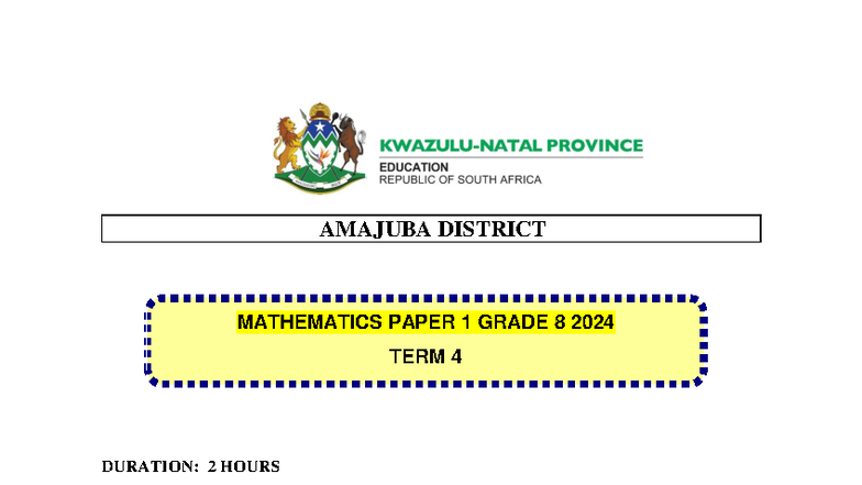 Amajuba District Grade 8 Mathematics Paper 1 Term 4 2024 - Studocu