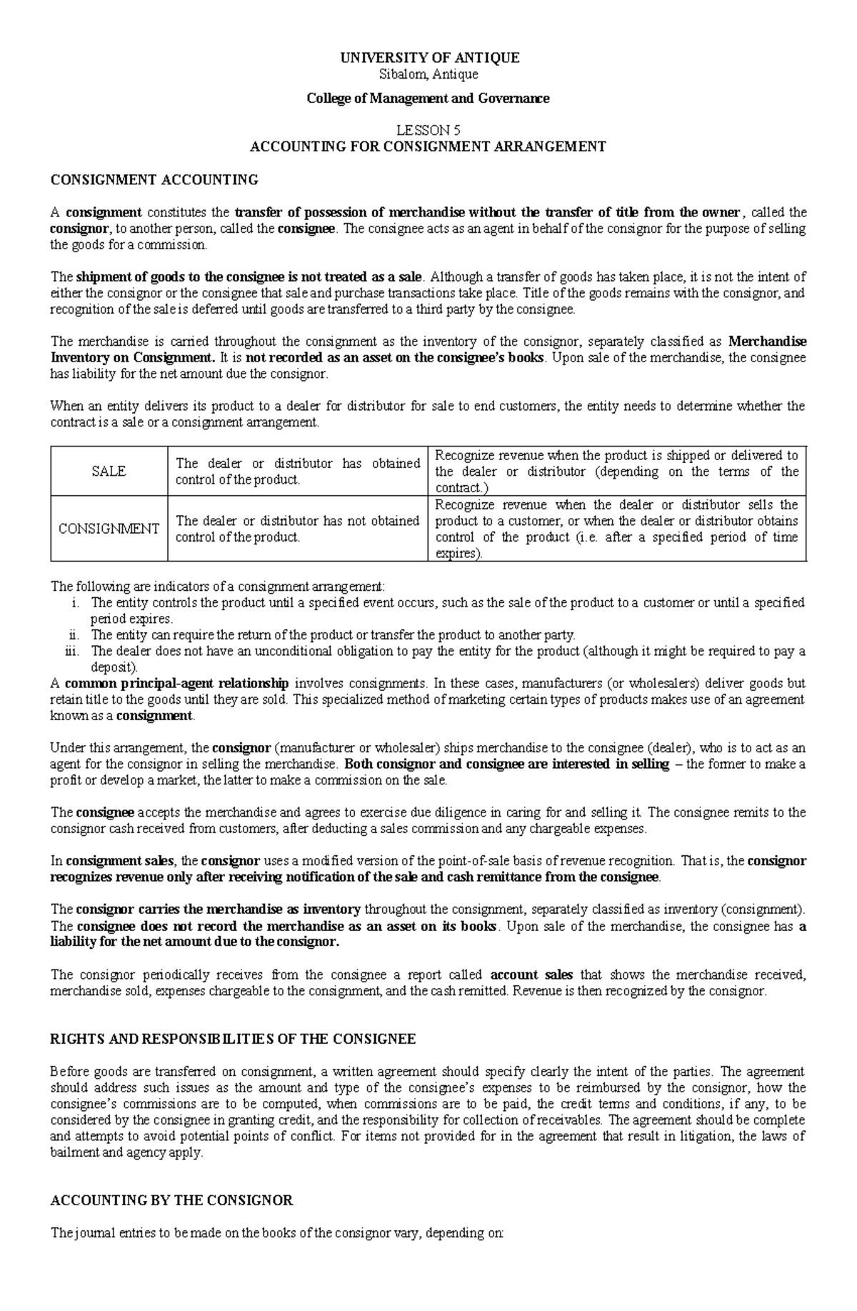 Lesson 5: Accounting for Consignment Sales (ACCT 101) - Studocu