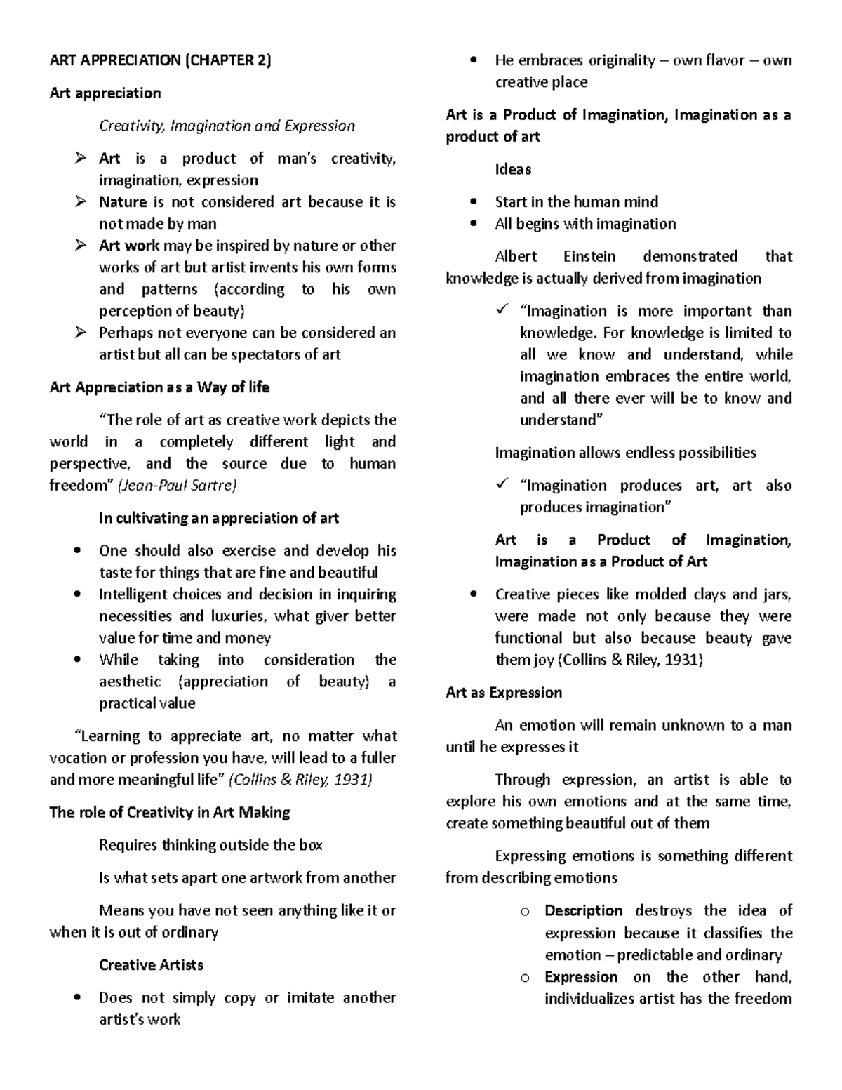 ART Appreciation (Lesson 2 - Chapter 2): Creativity, Imagination & Expression - Studocu