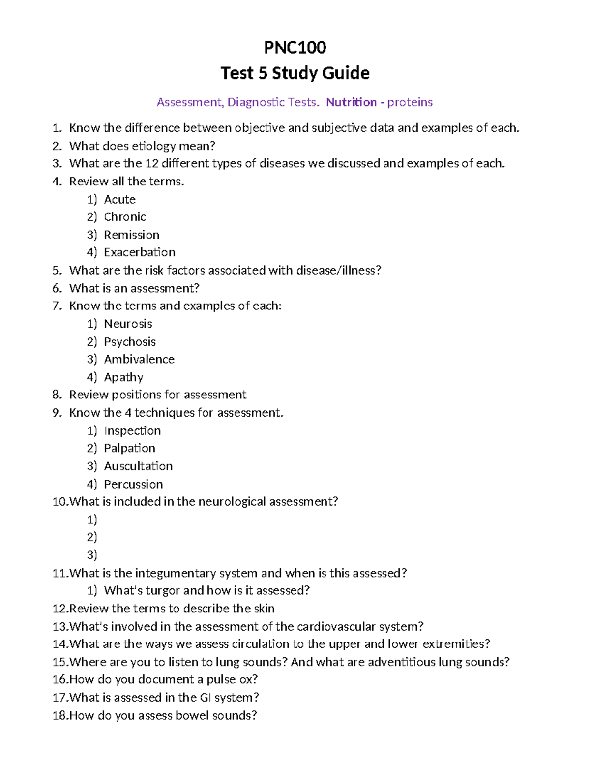 PNC100 Test 5 Study Guide: Assessment and Diagnostic Tests in Nutrition ...