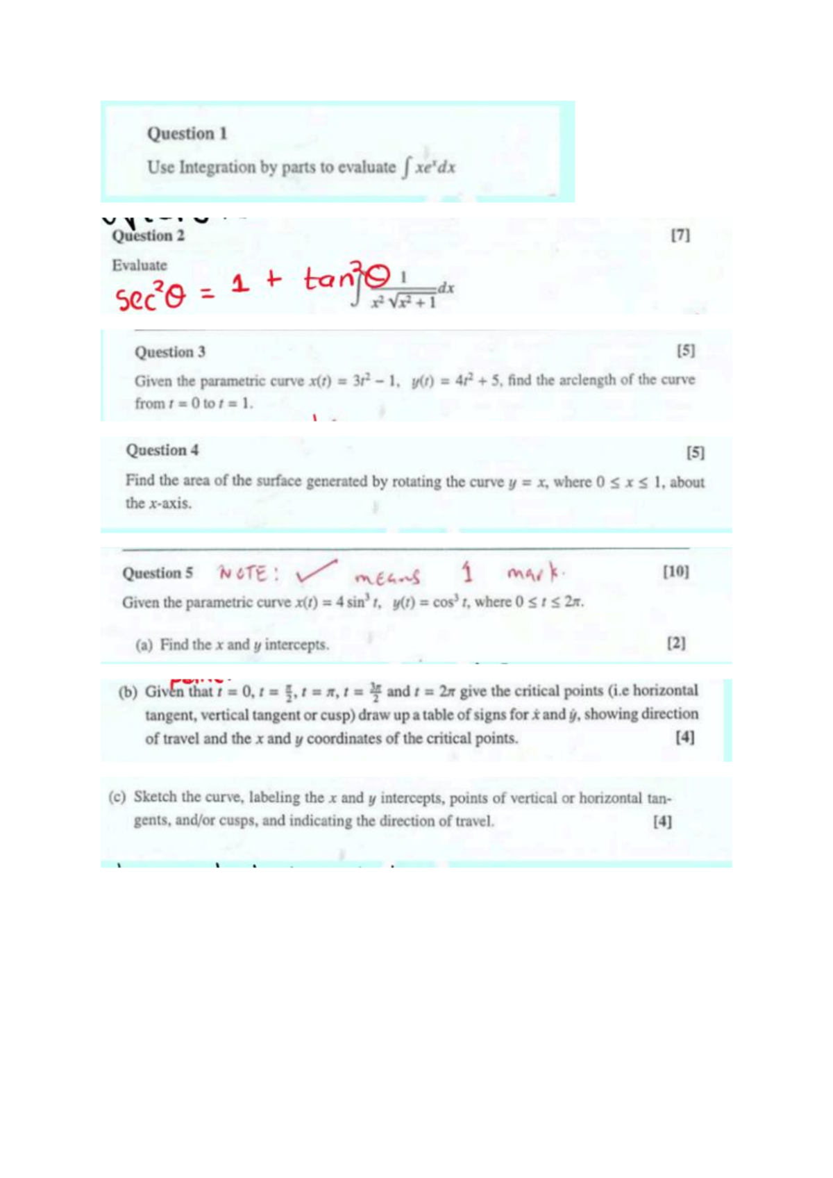 Math1043 2024 Block Test: Integration, Parametric Curves & Arclength ...
