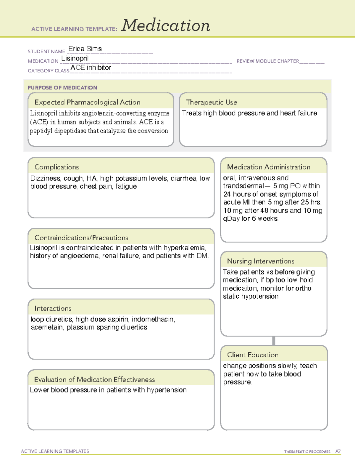 Lisinopril Active Learning Template - Medication Chapter 2 - Studocu