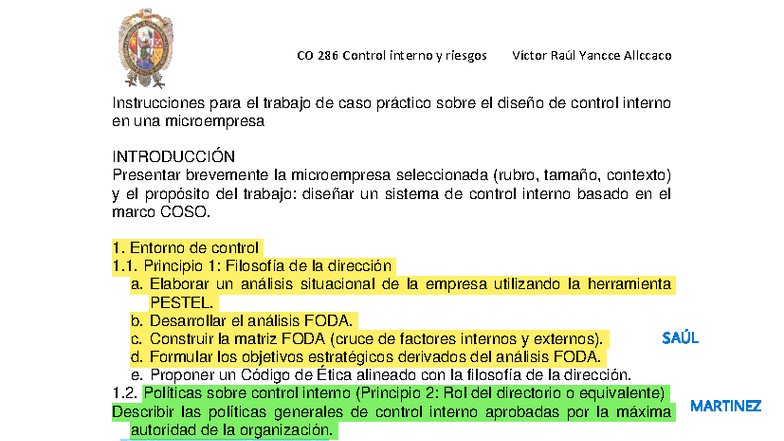 CO 286 Instrucciones para el Trabajo Práctico de Control Interno - Studocu