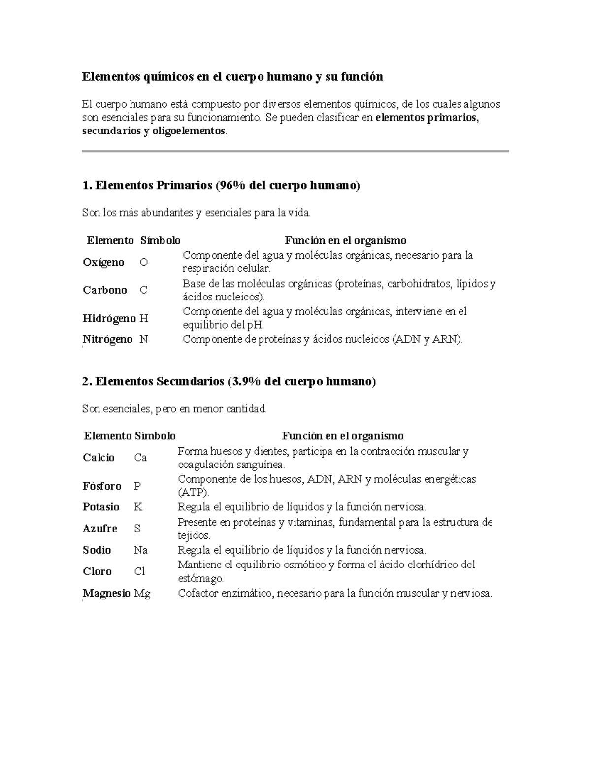 Elementos químicos en el cuerpo humano y su función - Elementos ...
