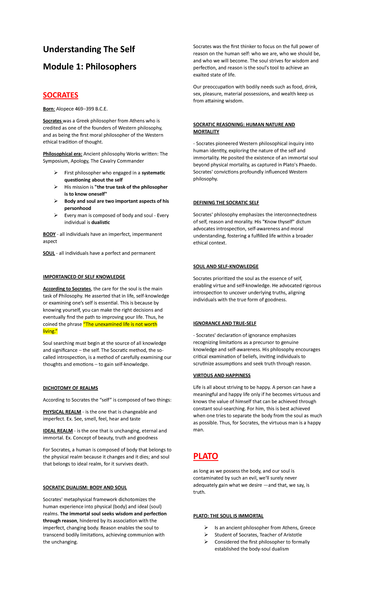 Understanding The Self Philosophers Reviewer - Understanding The Self Module 1: Philosophers ...